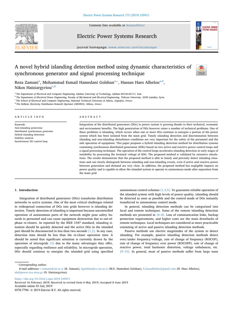A Novel Hybrid Islanding Detection Method Using Dynamic Characteristics of Synchronous Generator ...