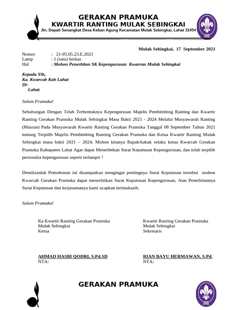 SK Kepengurusan Pramuka Mulak Sebingkai | PDF