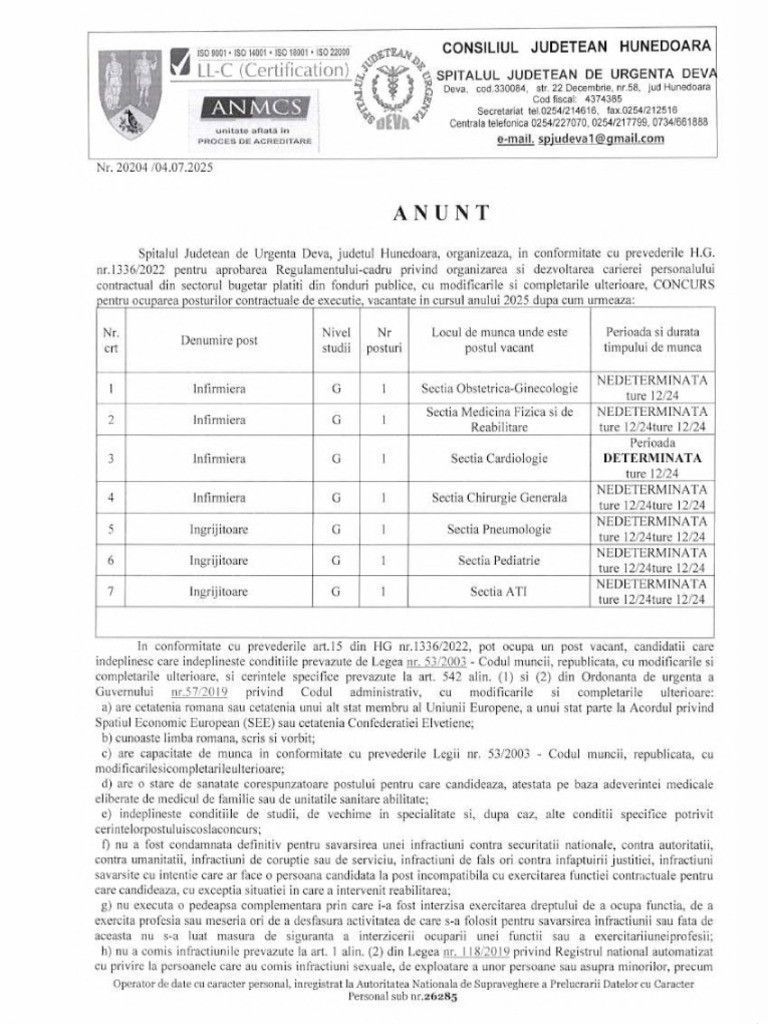Anunt Ingrijitoare Inf Iulie 2025 | PDF