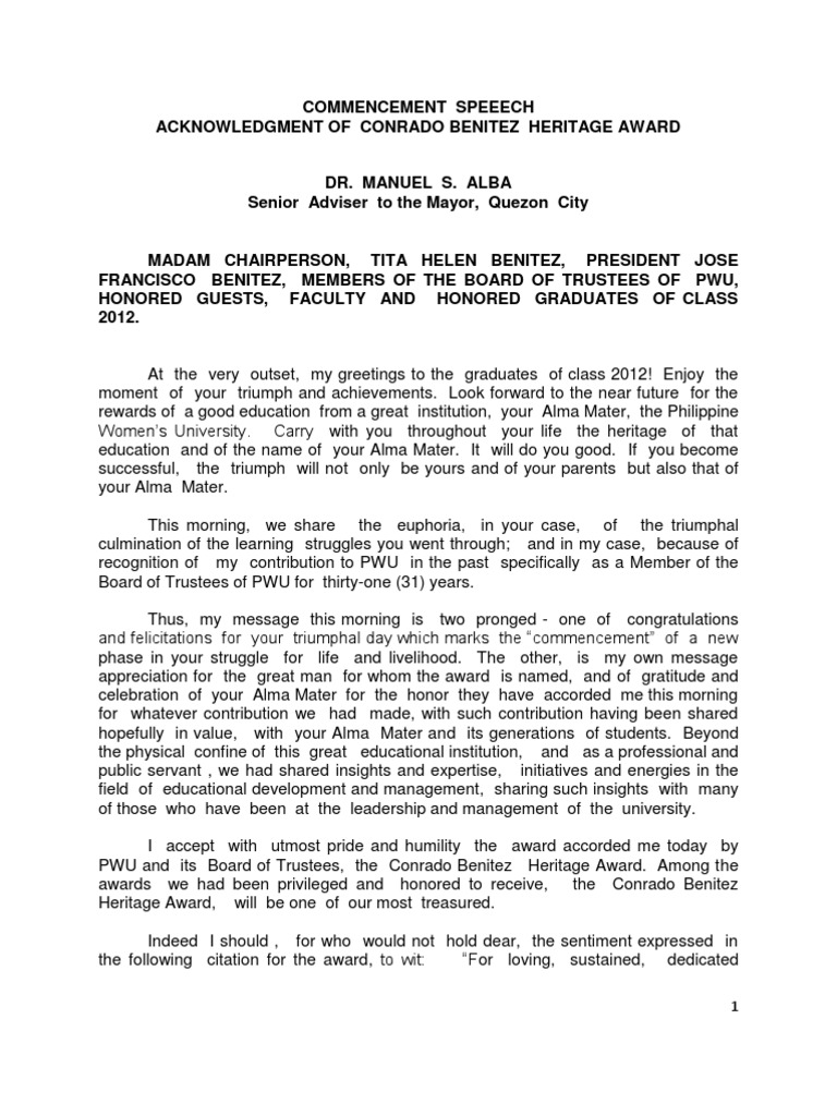 PWU Commencement Speech 2012 | PDF | President Of The Philippines ...