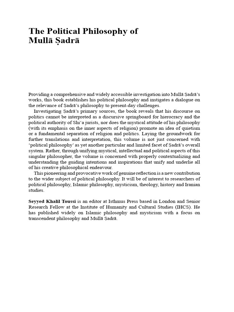 Political Philosophy Mulla Sadr A | PDF | Existence | Islamic Philosophy