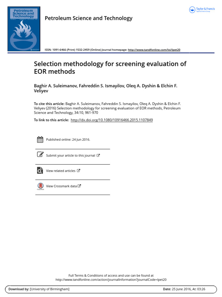 Selection Methodology For Screening Evaluation of EOR Methods | PDF | Enhanced Oil Recovery ...