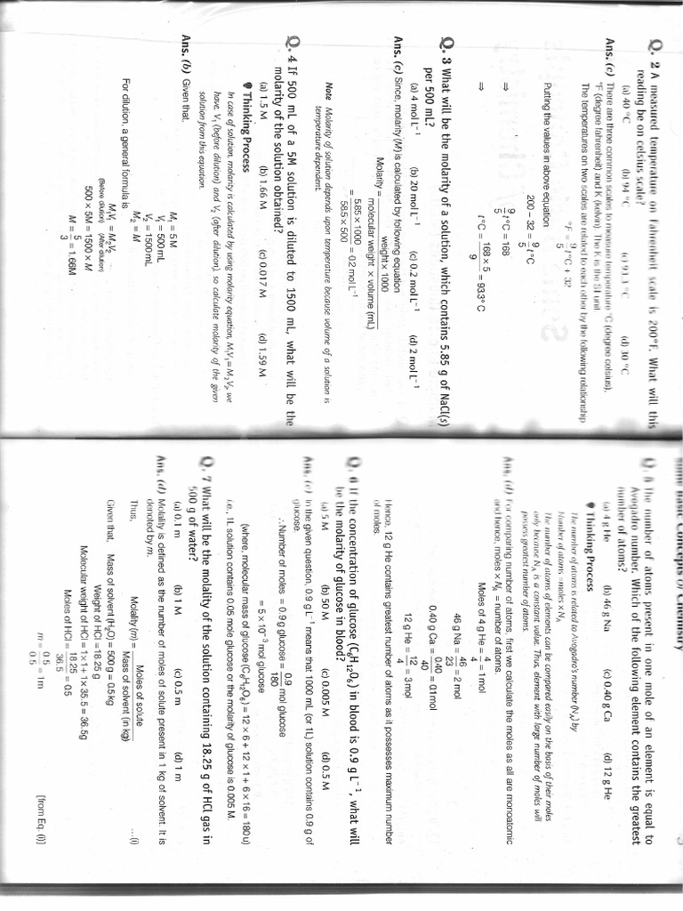 Mole Concept NCERT Exemplar Solution Chapter 1 Chemistry Class 11th | PDF