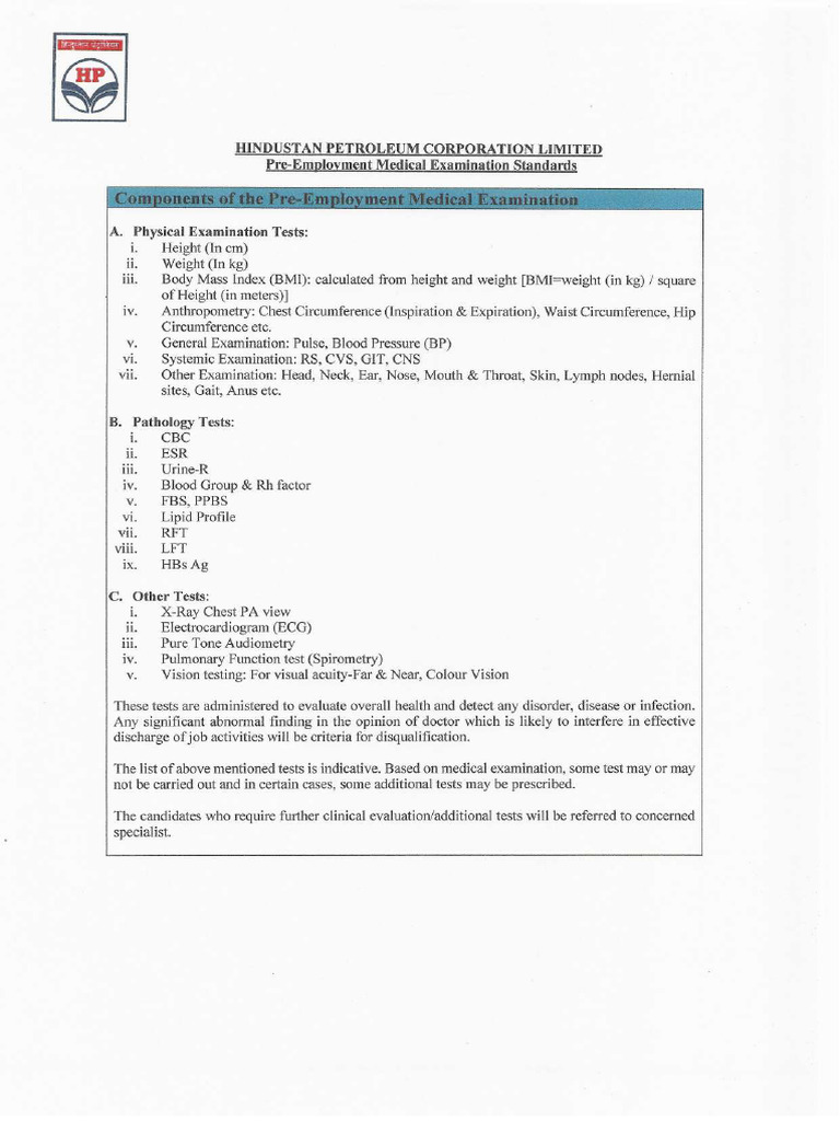 Pre Employment Medical Examination | PDF