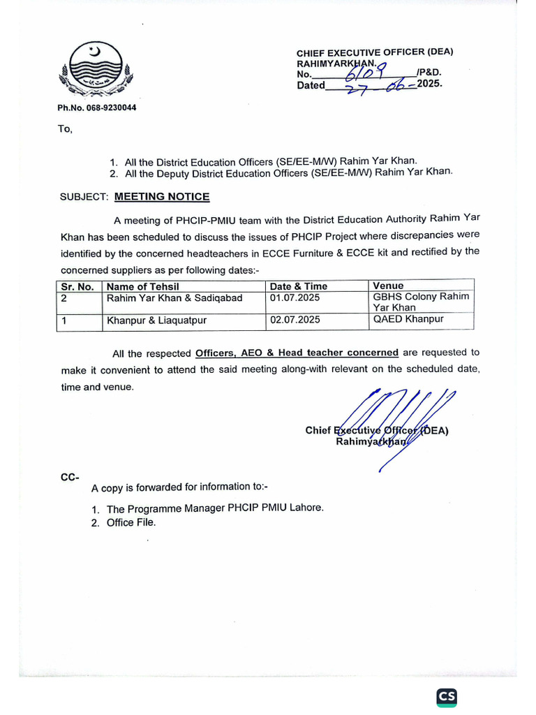 Meeting Notice Regarding PHCIP | PDF
