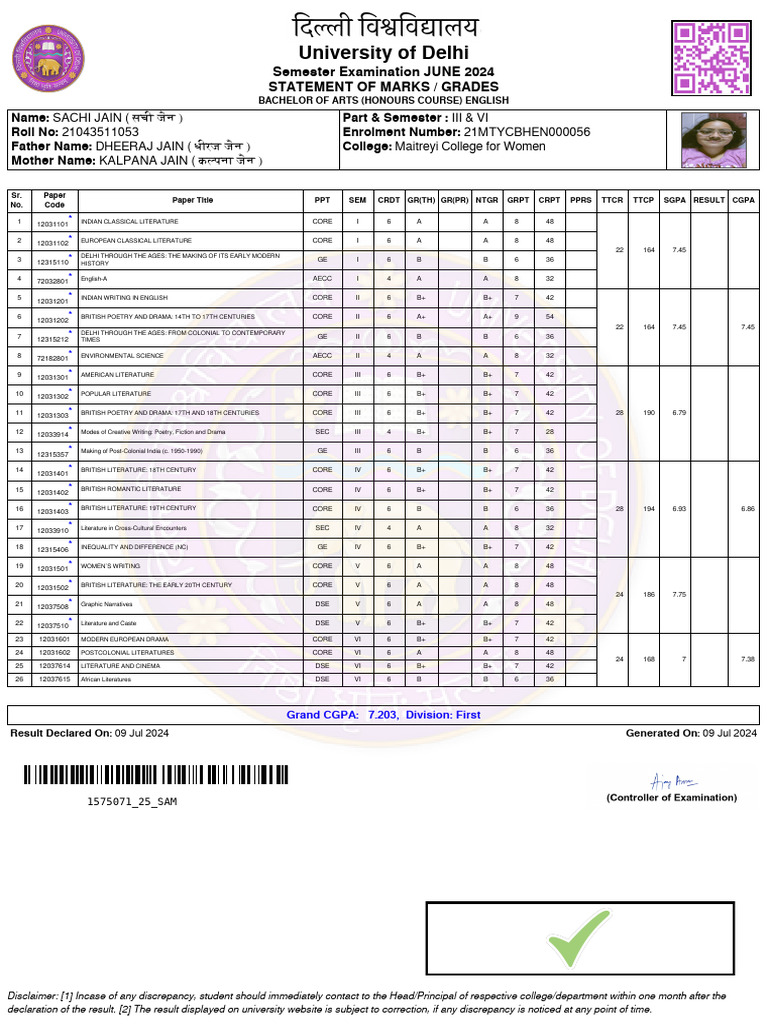 University of Delhi: Semester Examination JUNE 2024 Statement of Marks ...