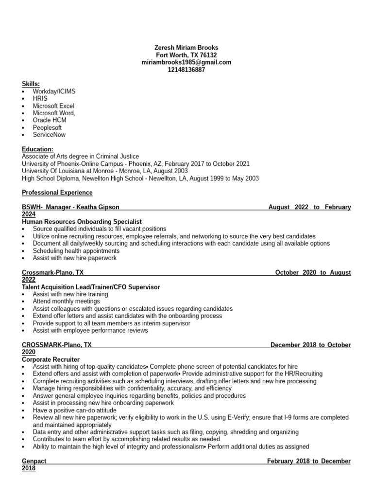 Zeresh Miriam Brooks Resume | PDF | Recruitment | Human Resource Management