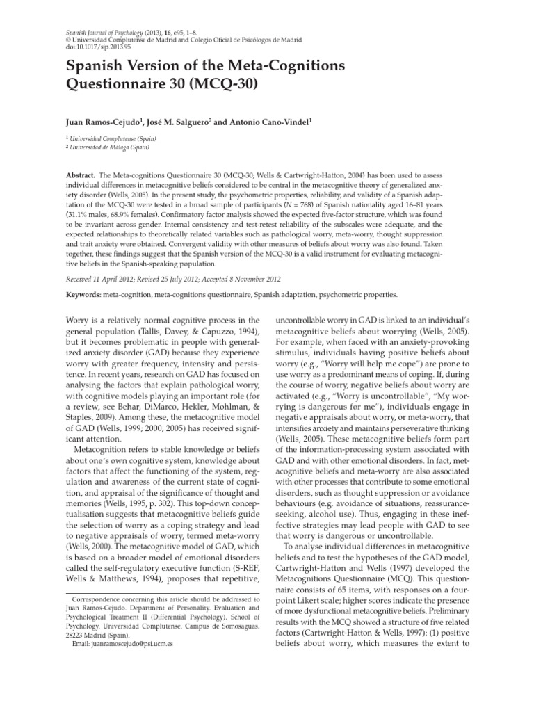 Spanish MCQ-30: Psychometric Study | PDF | Metacognition | Generalized ...