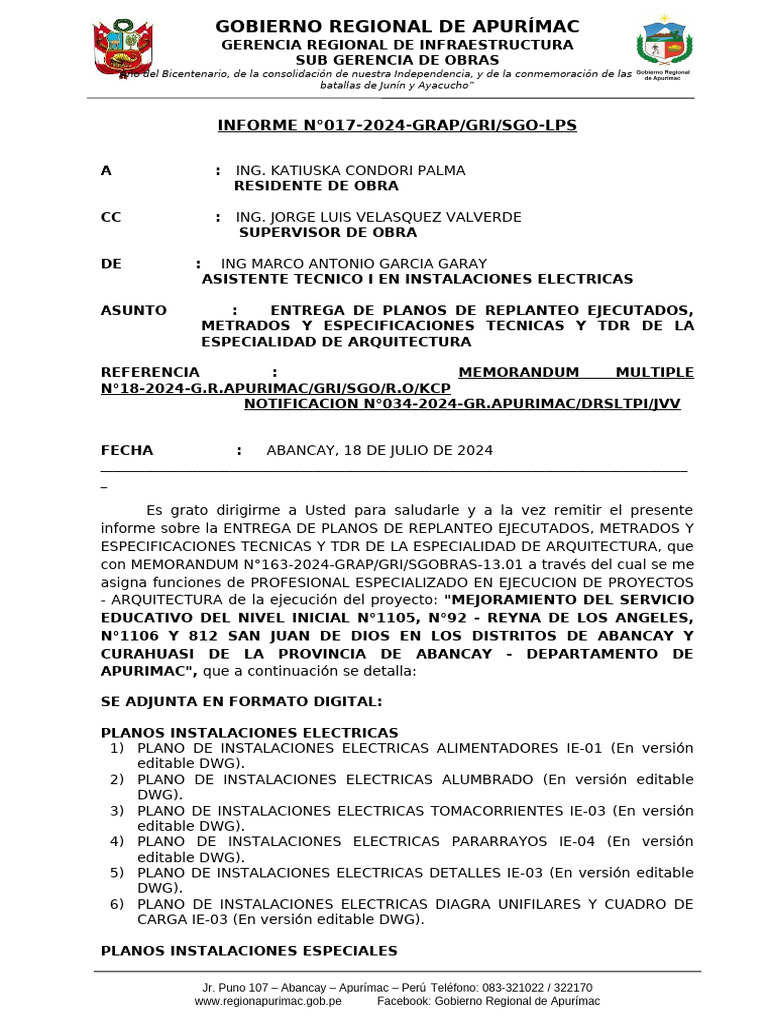 017 Informe Entrega de Planos, Metrados TDR | PDF