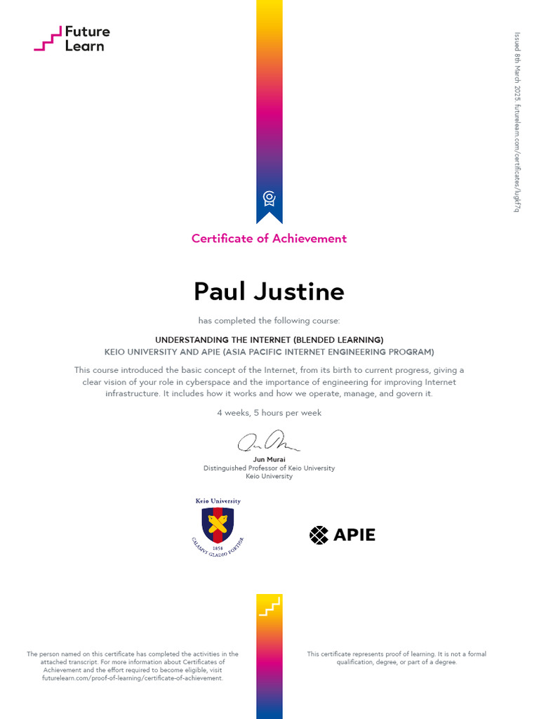 APiE Internet Course Completion Certificate | PDF | Internet | Cyberspace