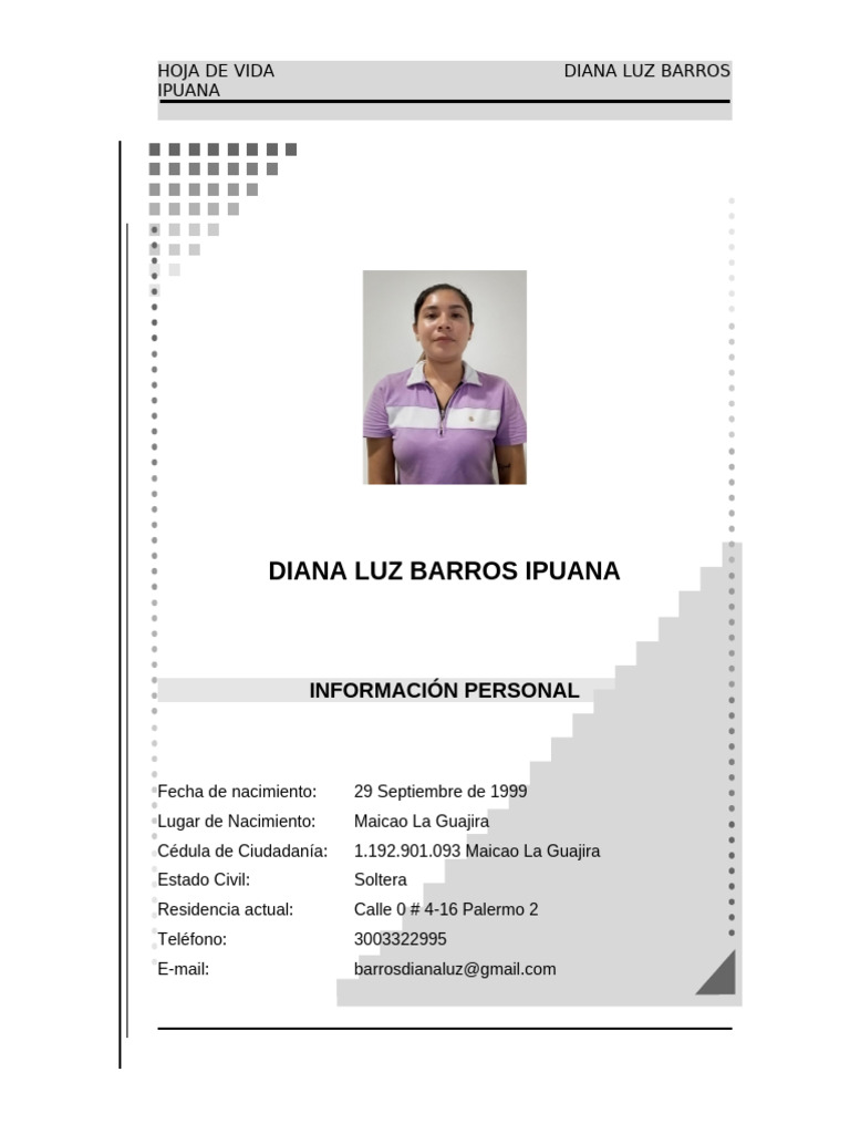Hoja de Vida Diana Luz Barros Ipuana | PDF