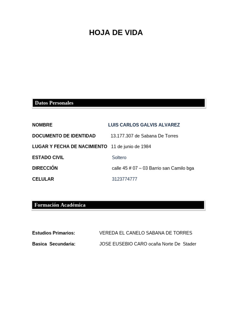 Hoja de Vida Luis Carlos | PDF