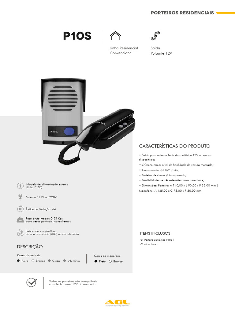Características do Porteiro Eletrônico P10S | PDF