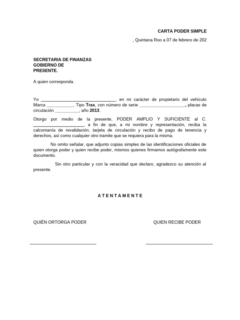 Carta Poder Simple para Trámites Vehiculares | PDF