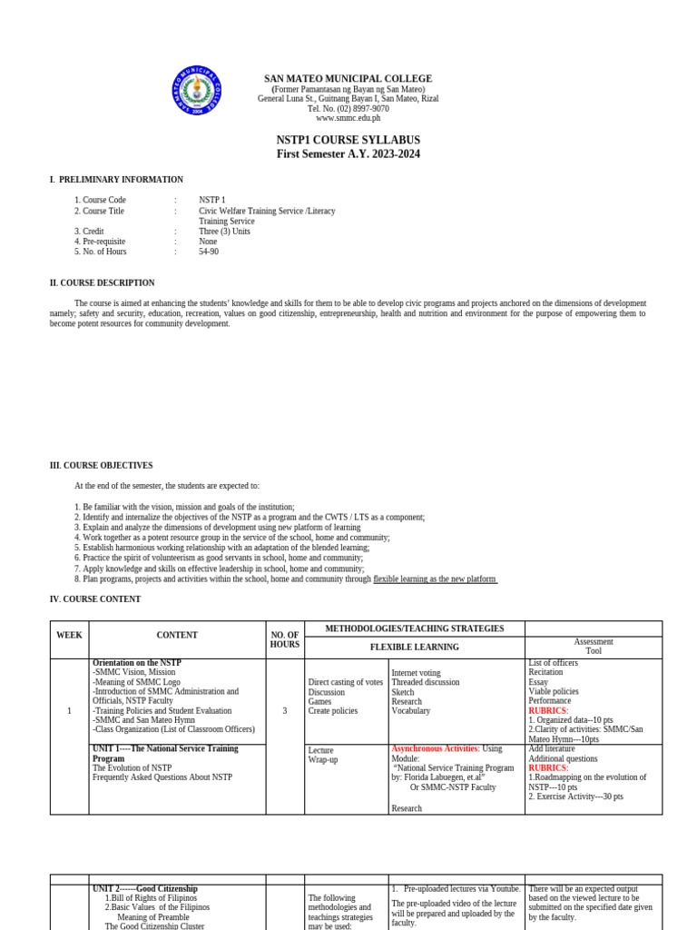 NSTP 1 Course Syllabus 2023-2024 | PDF | Lecture