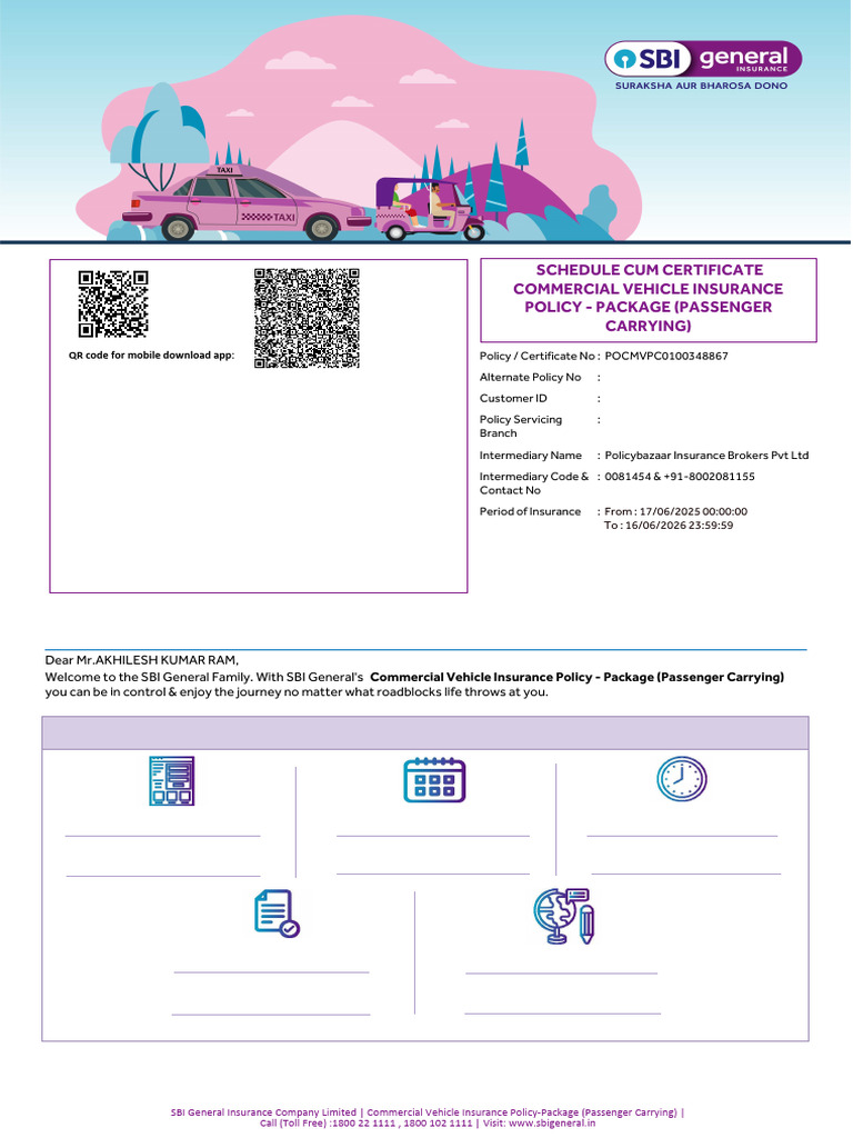 Schedule Cum Certificate Commercial Vehicle Insurance Policy - Package ...