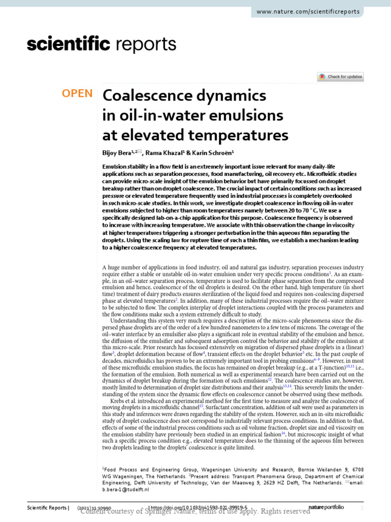 Coalescence Dynamics in Oil-In-water Emulsions at | PDF | Emulsion ...