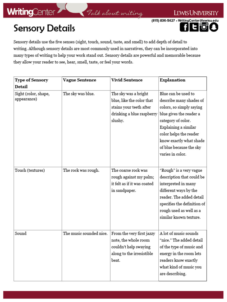 Sensory Details Lewis University Writing Center | PDF | Perception | Adverb