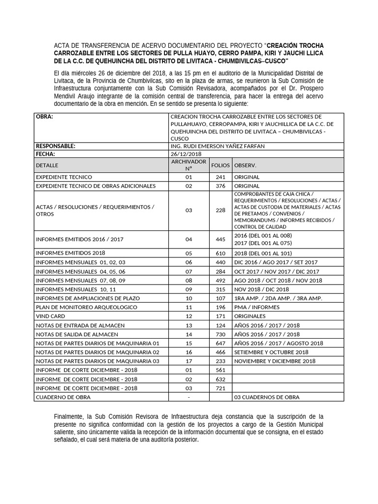 Acta de Transferencia de Acervo Documentario Del Proyecto Troch ...