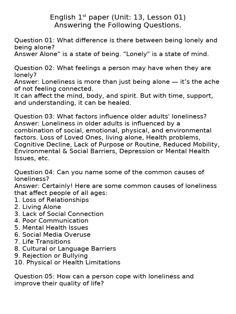 English 1st Paper (Unit 13, Lesson 01) | PDF | Loneliness | Mental Health