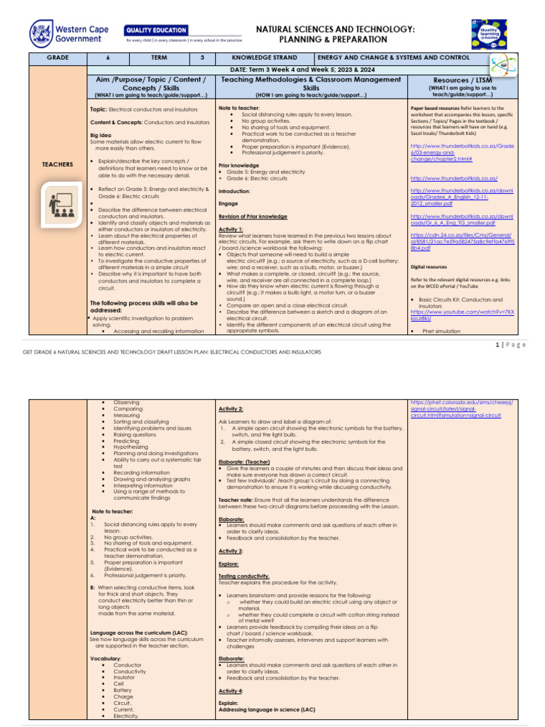 Grade 6 Lesson Plan: Conductors & Insulators | PDF | Electrical ...