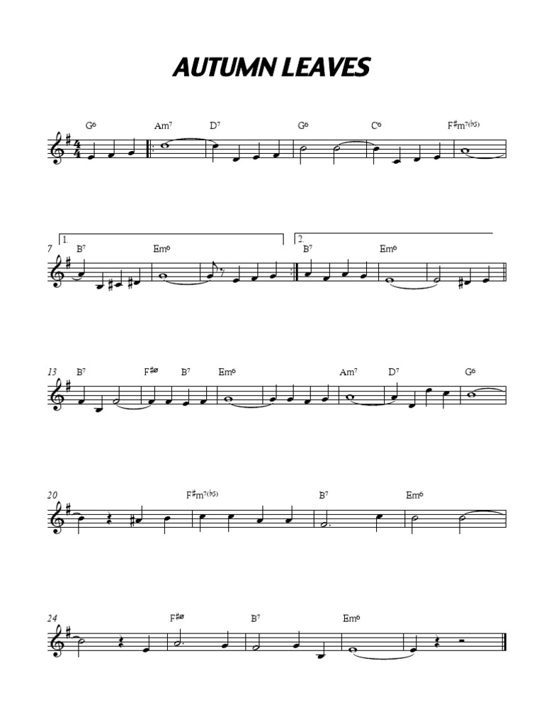 Musical notation and chord progression for the jazz standard "Autumn ...