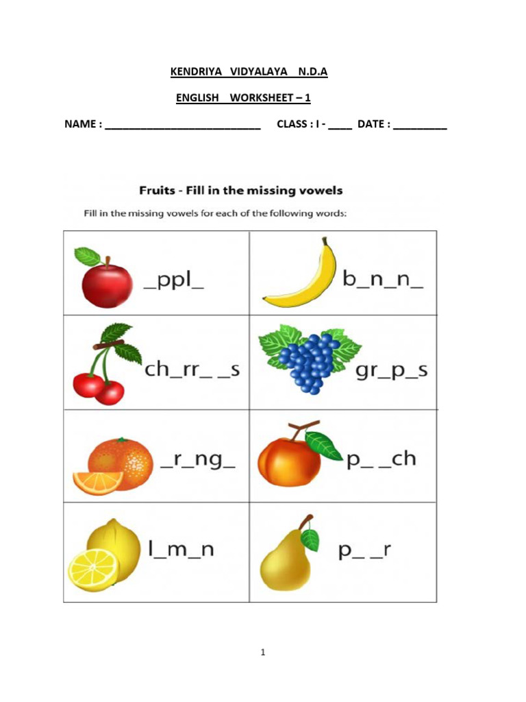 Class 1 English Worksheets | PDF