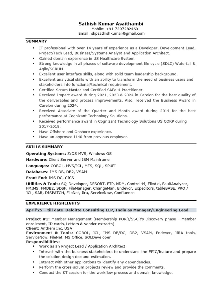 Sathish Resume Mainframe | PDF | Information Technology | Systems Engineering