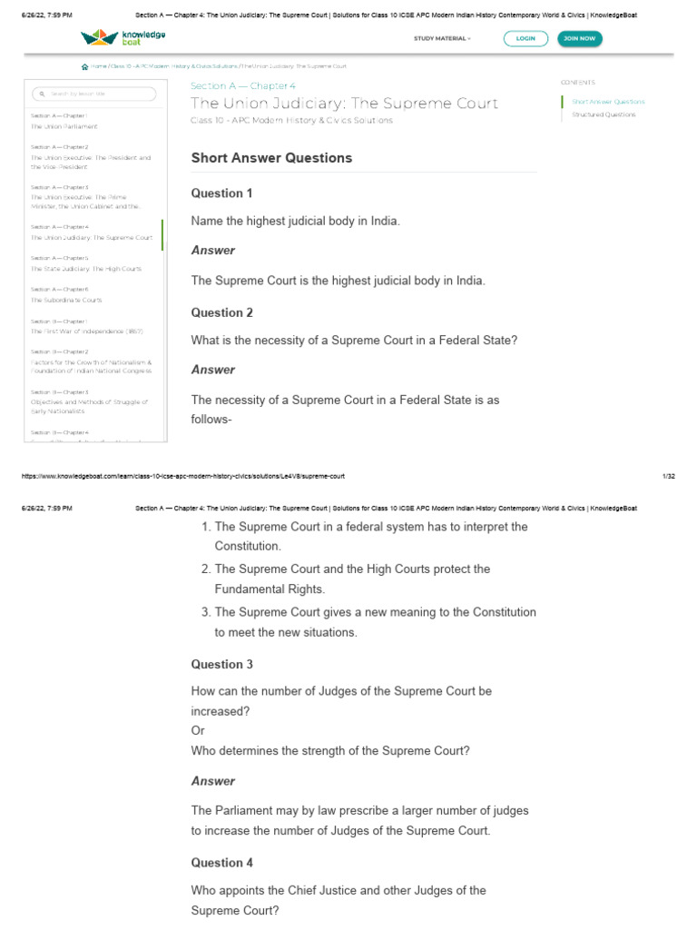 The Union Judiciary: The Supreme Court: Short Answer Questions | PDF ...