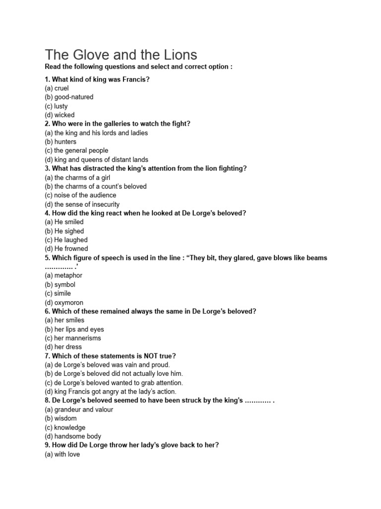 I10 E2 QnA - The Glove and The Lions | PDF