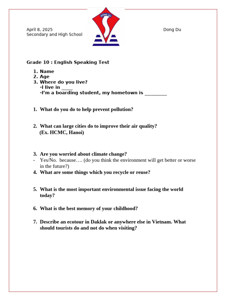 Grade 10 Speaking Test Apr 2025 | PDF