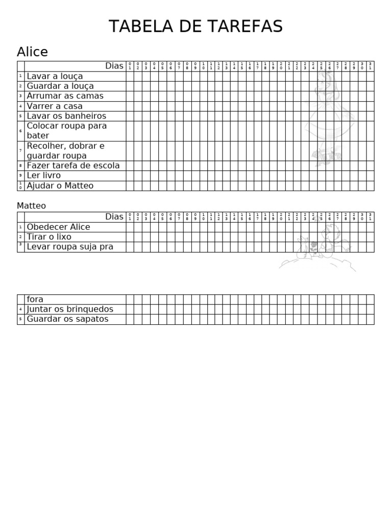 Tabela de Tarefas | PDF