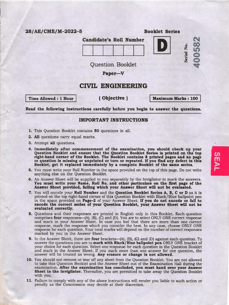 Paper V Civil Engineering Objective Ae Civilmechanical Electrical Mains ...