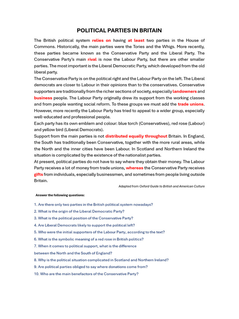 Political Parties in Britain - Texto Examen | PDF | Conservative Party ...