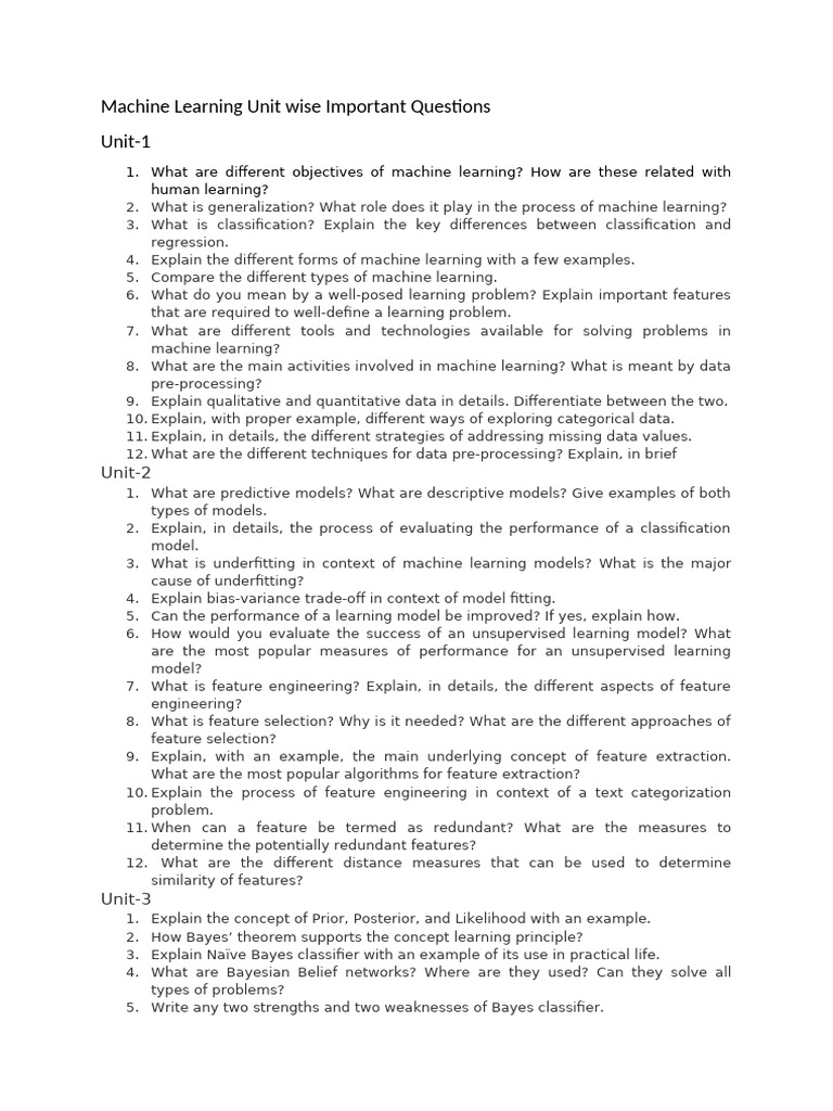 Machine Learning Unit Wise Important Questions | PDF | Machine Learning | Statistical Classification