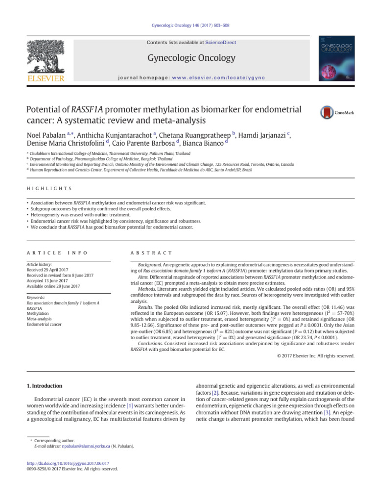 2017 Potential of RASSF1A Promoter Methylation As Biomarker For Endometrial Cancer | PDF | Dna ...