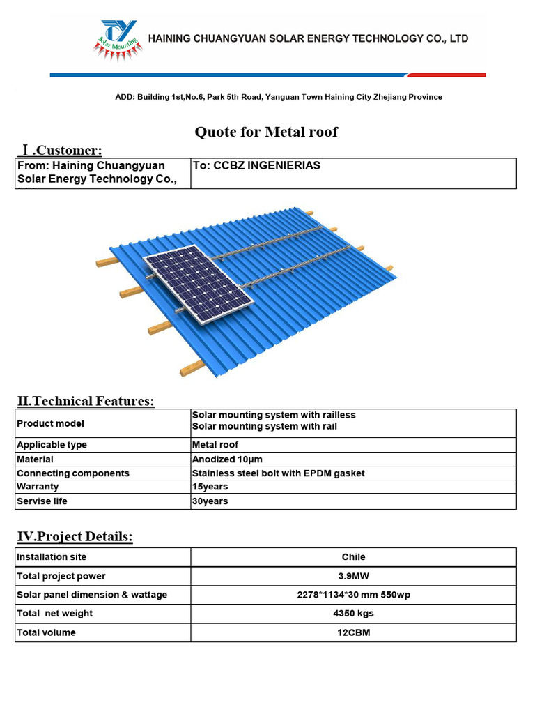 Quotation REV4 240927PSM Chile Metal Roof Solar Mounting Structure ...