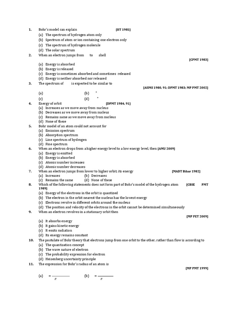 Questions Based On Bohr Theory | PDF | Electron | Atoms