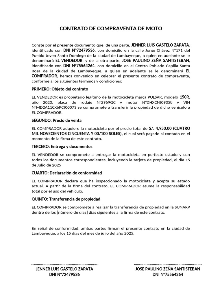 Contrato de Compraventa de Moto | PDF