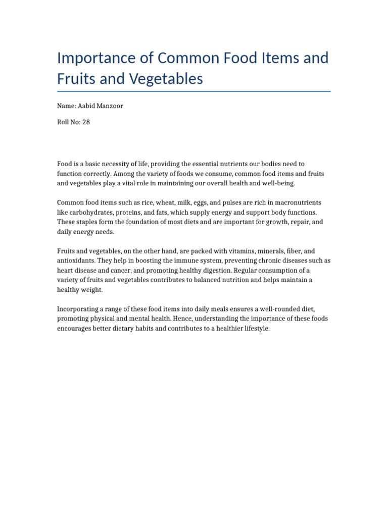 Importance of Common Food Items Aabid Manzoor | PDF