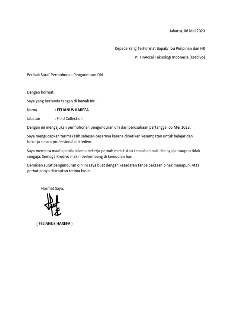 Surat Resign Felianus Harefa | PDF