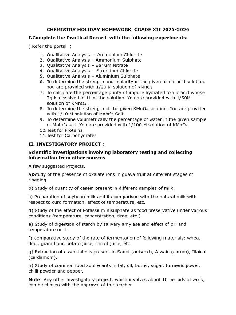 Chemistry Holiday HW Practical and Project Details | PDF | Acid | Sulfate