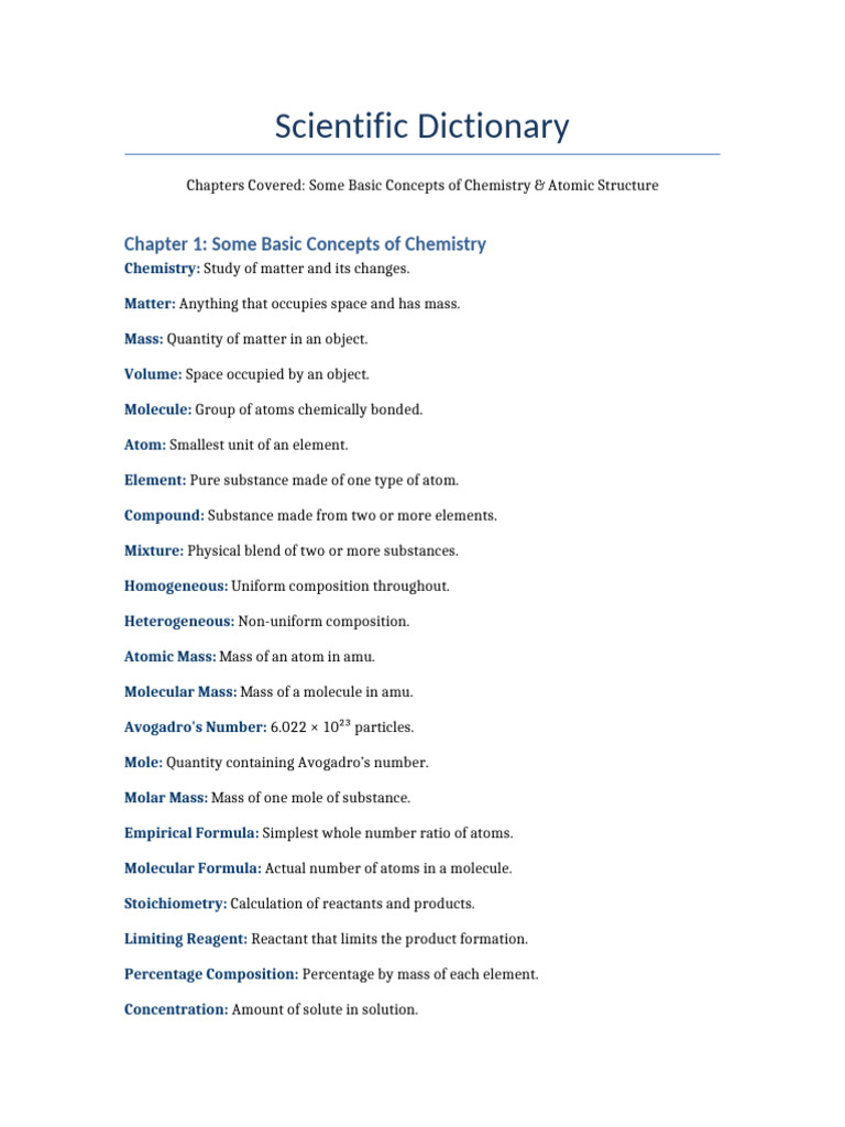 Scientific Dictionary Chemistry Ch1 Ch2 | PDF | Mole (Unit) | Atoms