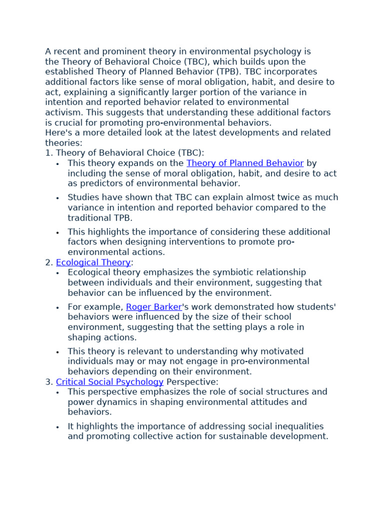 A Recent and Prominent Theory in Environmental Psychology Is The | PDF ...