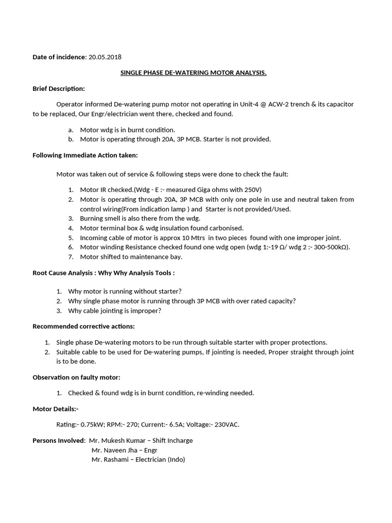 CAPA-7, Single Phase De-Watering Pump Notor Analysis Report | PDF