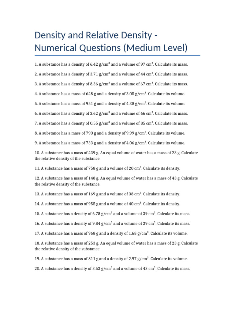 Density Relative Density Questions | PDF | Density | Volume