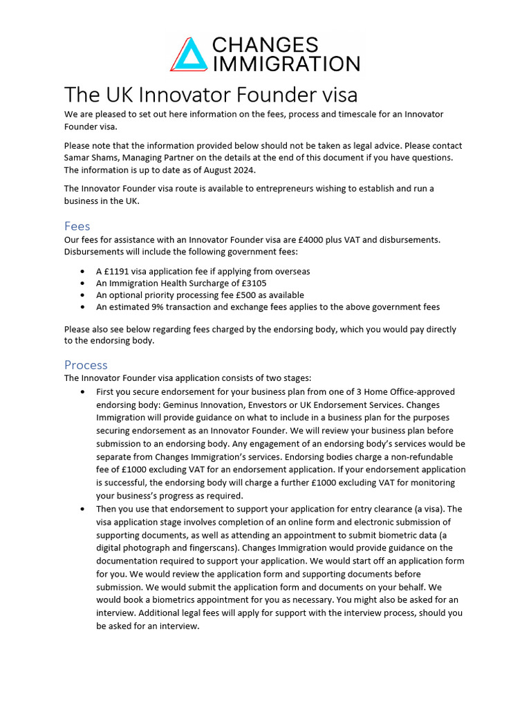 Changes Immigration Innovator Founder Brochure Entry Clearance | PDF ...