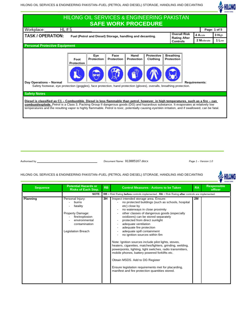 Fuel Decanting Safety Procedures | PDF | Gasoline | Diesel Fuel