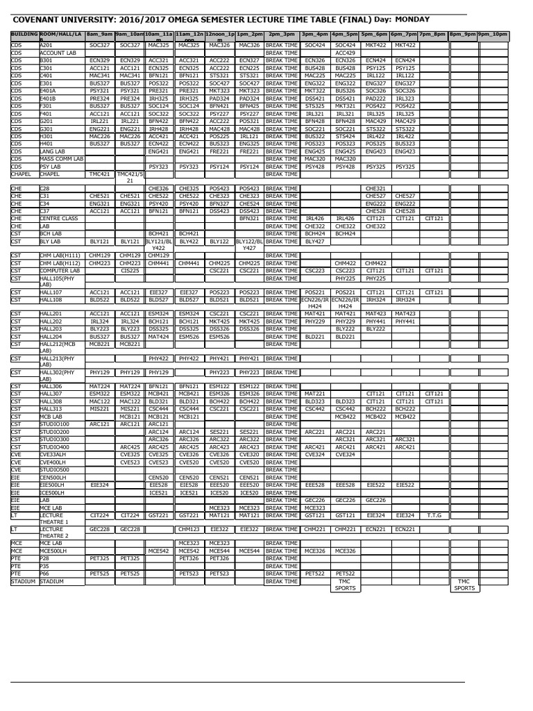 Omega Lect Timetable 1617 | PDF