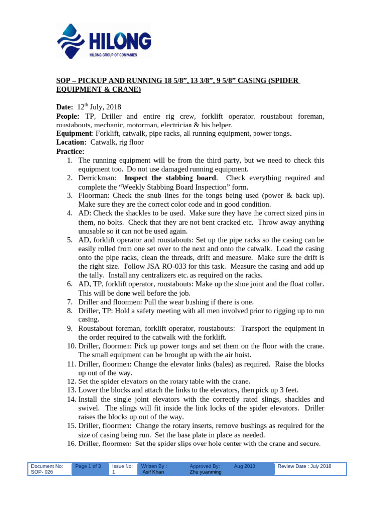 SOP 812-026 Run 18 5.8, 13 3.8, 9 5.8 Casing. | PDF | Pump | Crane (Machine)